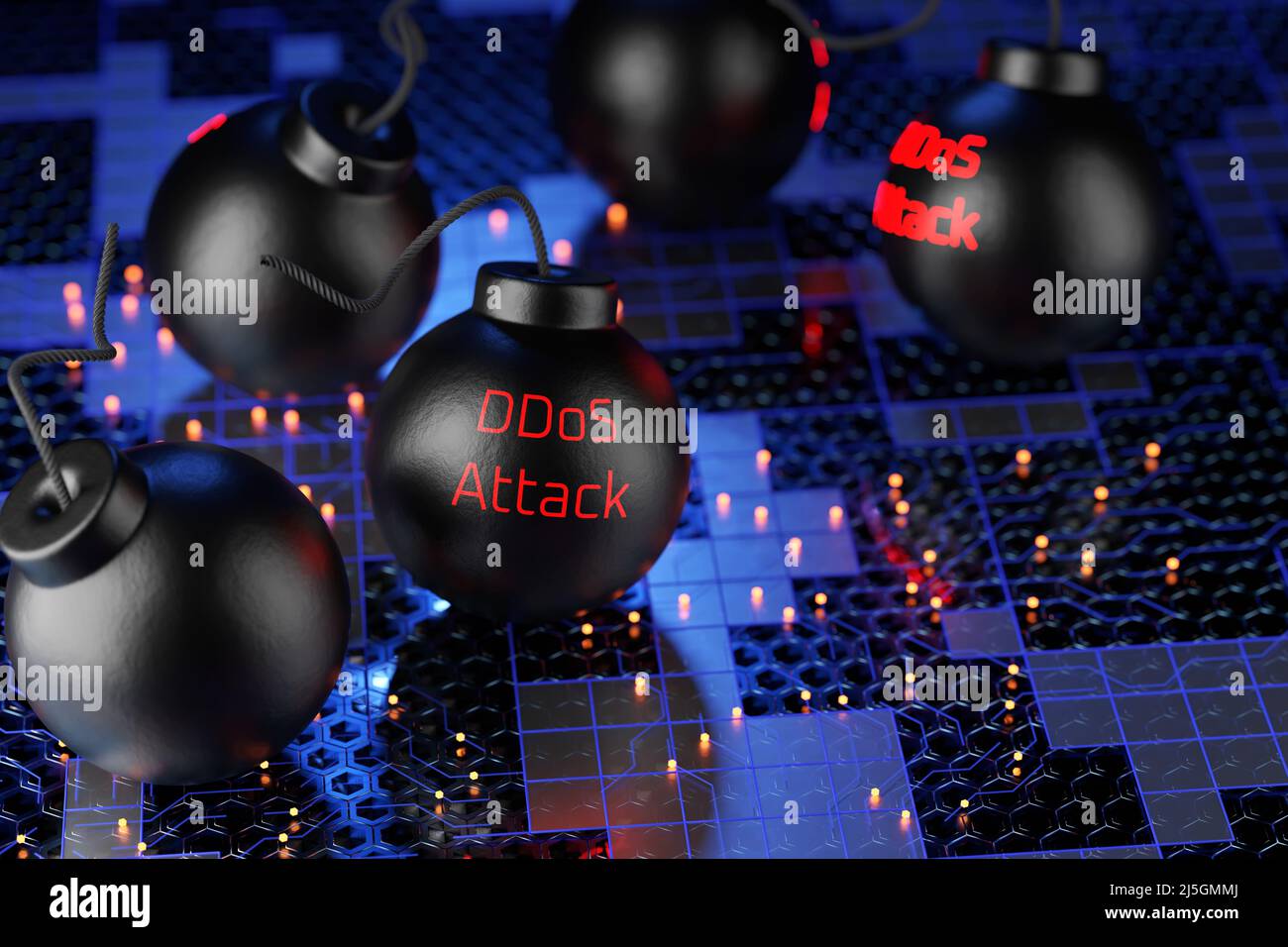 Concept of DDOS attack. Round bombs on a technological background. 3d render Stock Photo - Alamy
