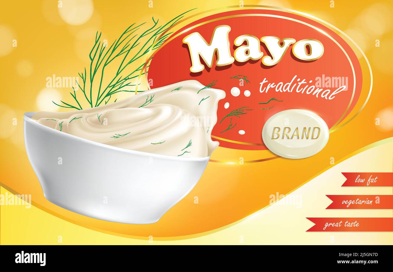 Mayonnaise brand in a plate with a low fat content and text next to it ...