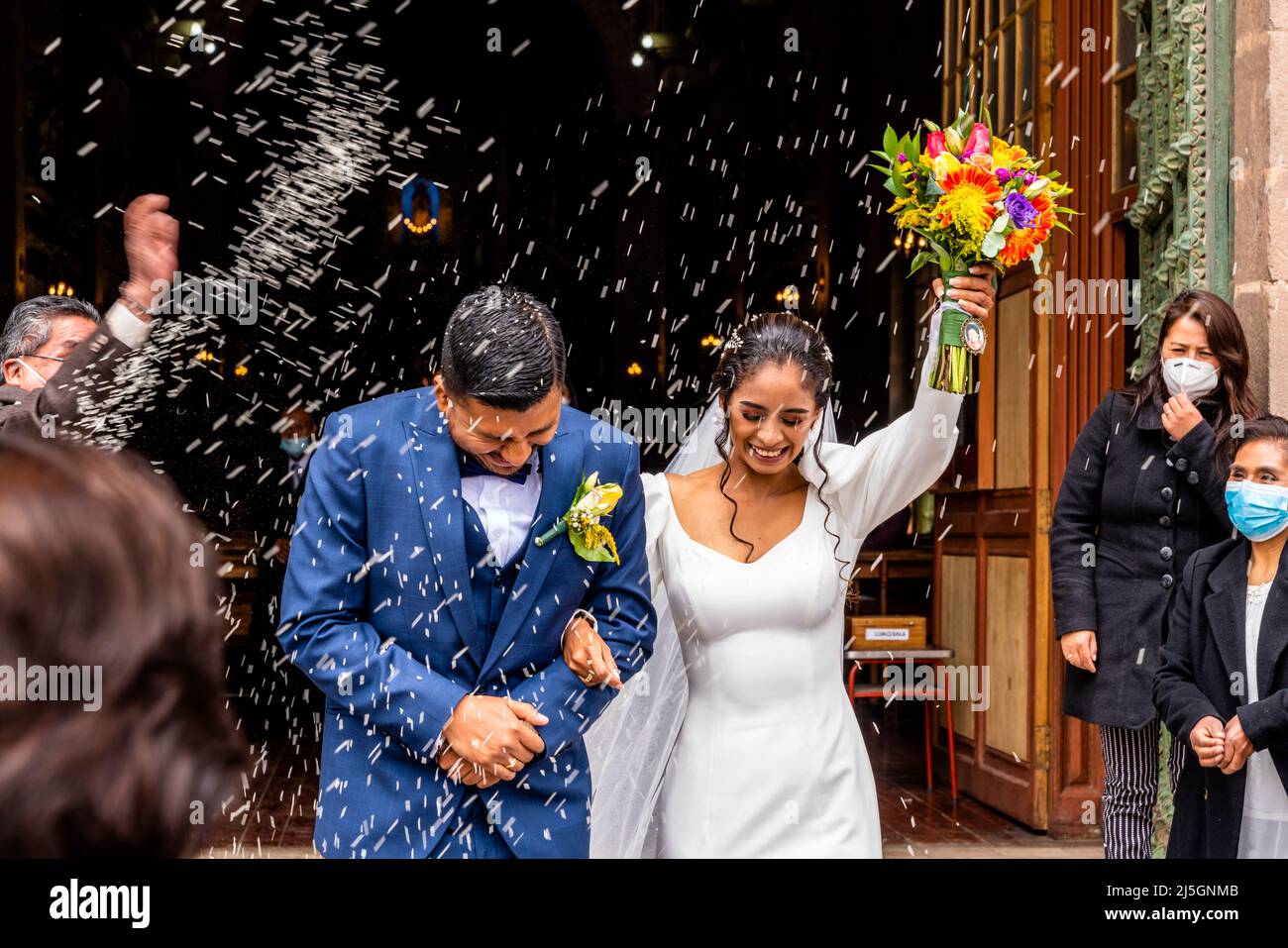 A Young Peruvian Couple Leave The Cathedral After Getting Married, The ...