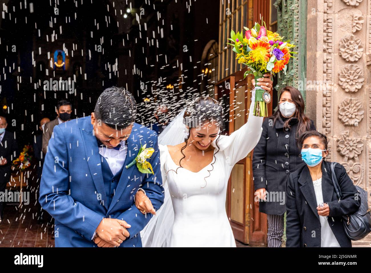 A Young Peruvian Couple Leave The Cathedral After Getting Married, The ...