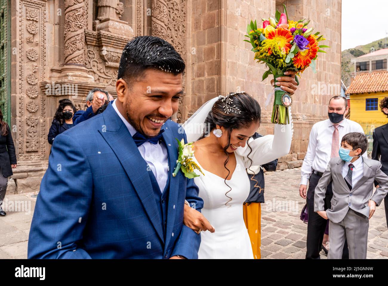 A Young Peruvian Couple Leave The Cathedral After Getting Married, The ...