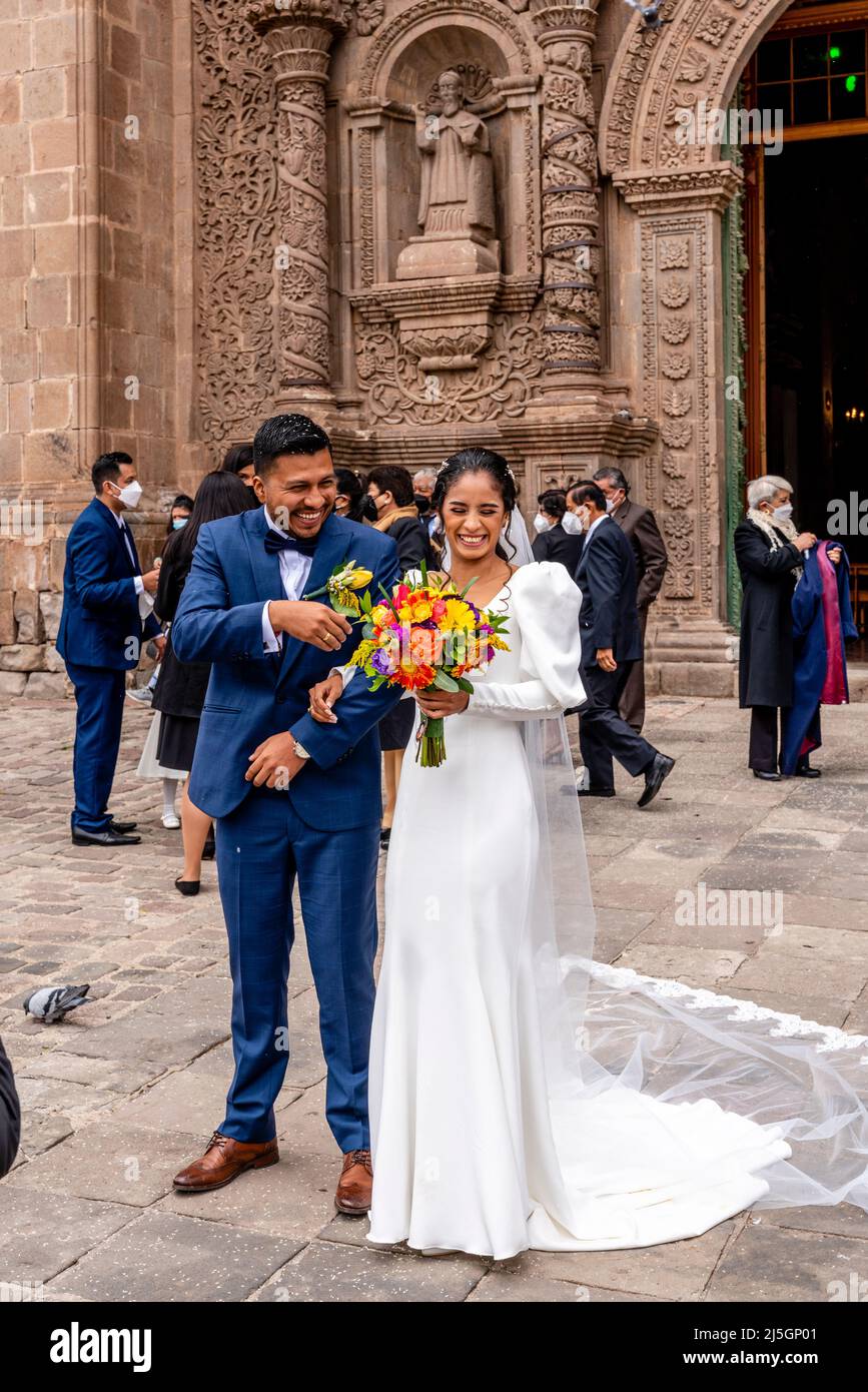 A Young Peruvian Couple Leave The Cathedral After Getting Married, The ...