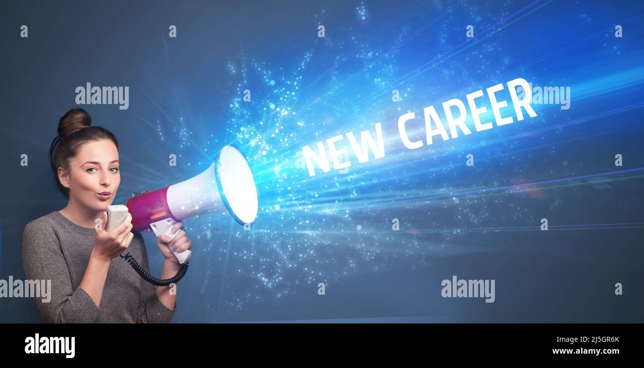 Young person shouting in loudspeaker Stock Photo - Alamy