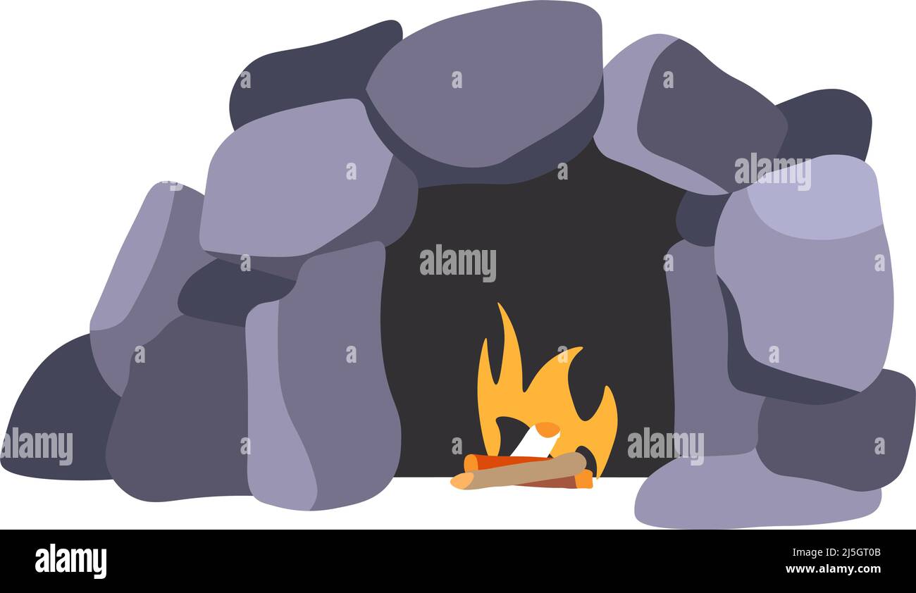 Bonfire in cave, ancient rocks and cliffs vector Stock Vector Image ...
