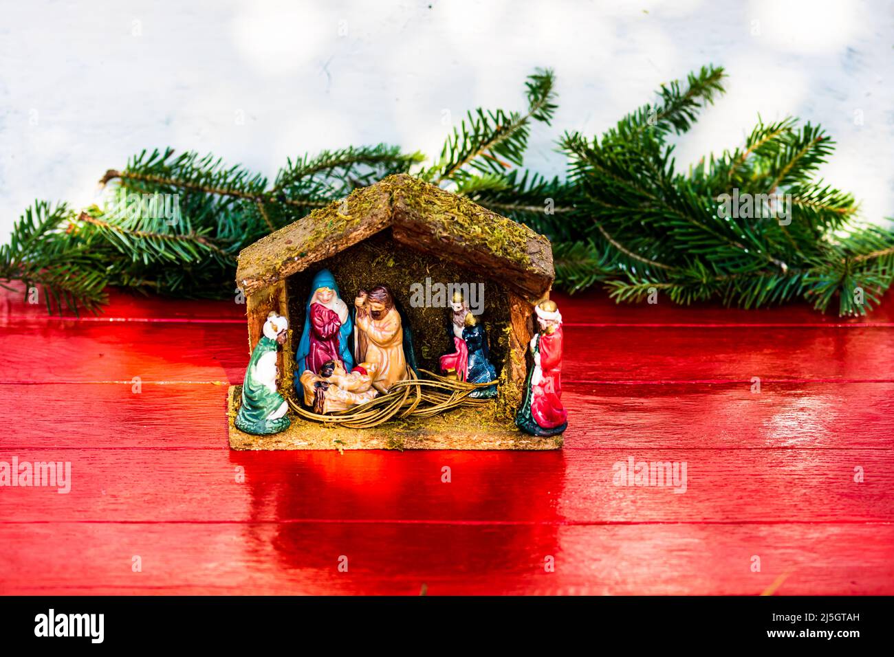 Colorful Nativity Scene with baby Jesus against Christmas background ...