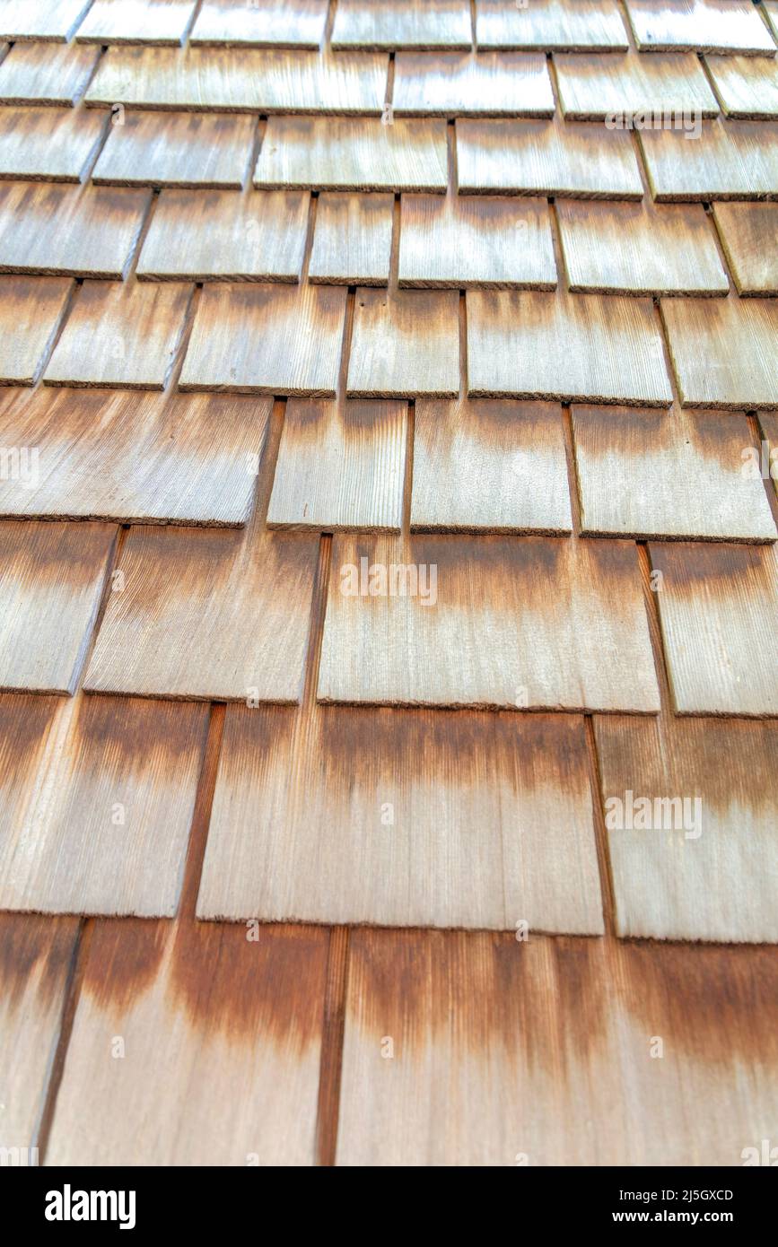 Low angle view of a wooden wall shingle siding at San Francisco ...
