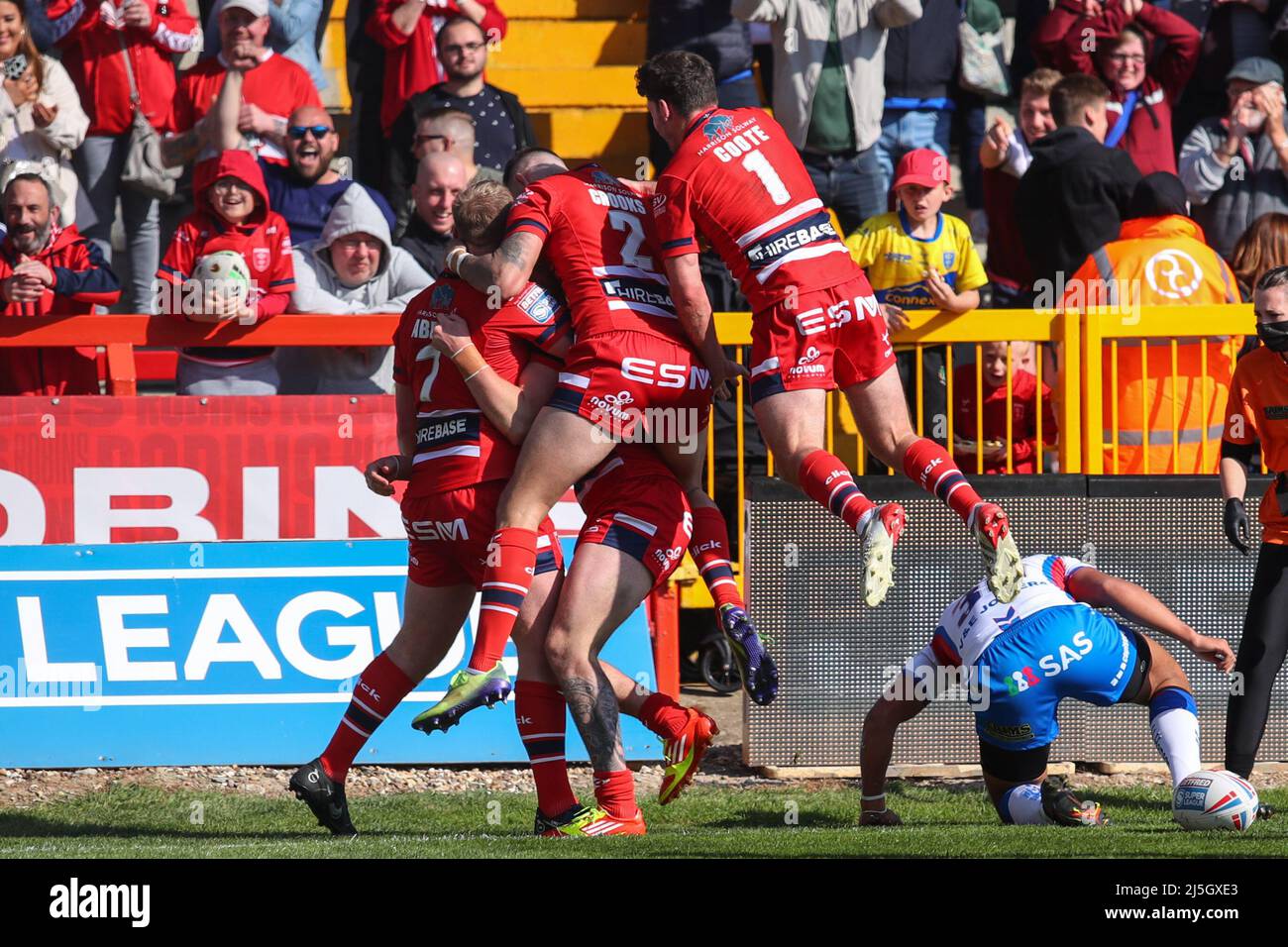 Ethan Ryan #23 of Hull KR celebrates his first try of the match Stock ...
