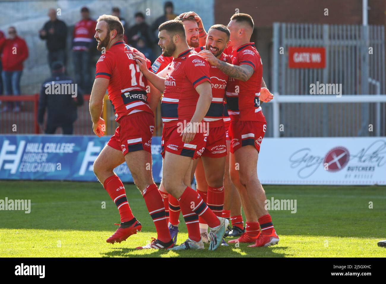 Kane Linnett #12 of Hull KR celebrates his second try of the match ...