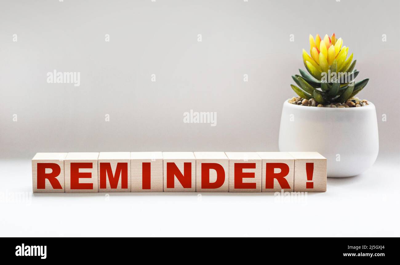 The word REMINDER written on a wooden block and on a white background ...