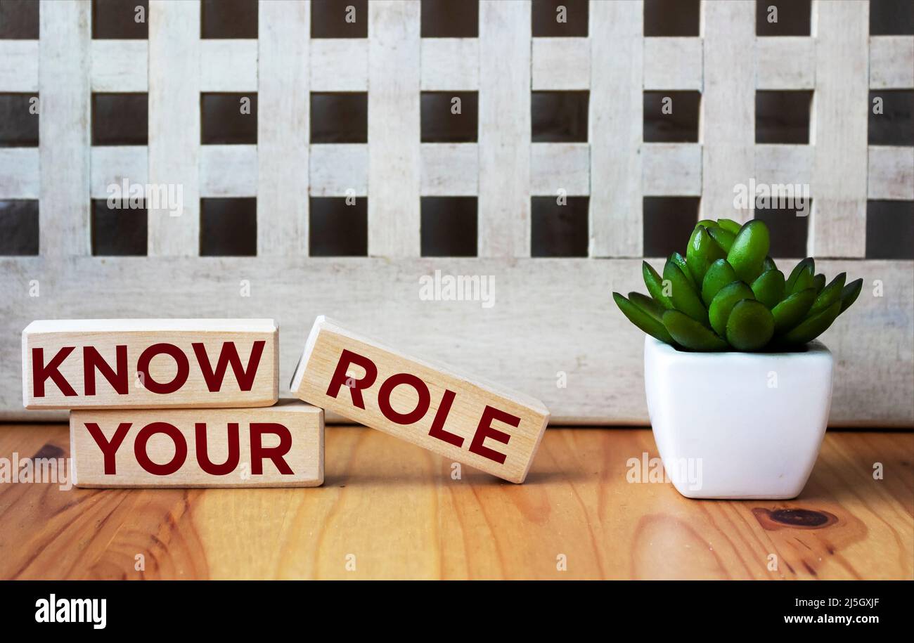 Three wooden blocks with the words KNOW YOUR ROLE Stock Photo - Alamy