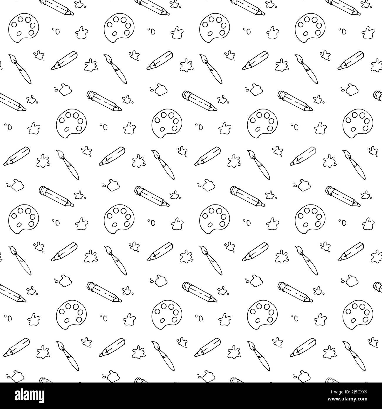 Hand drawn pattern - palette, paintbrush, pencil and blots. Vector ...