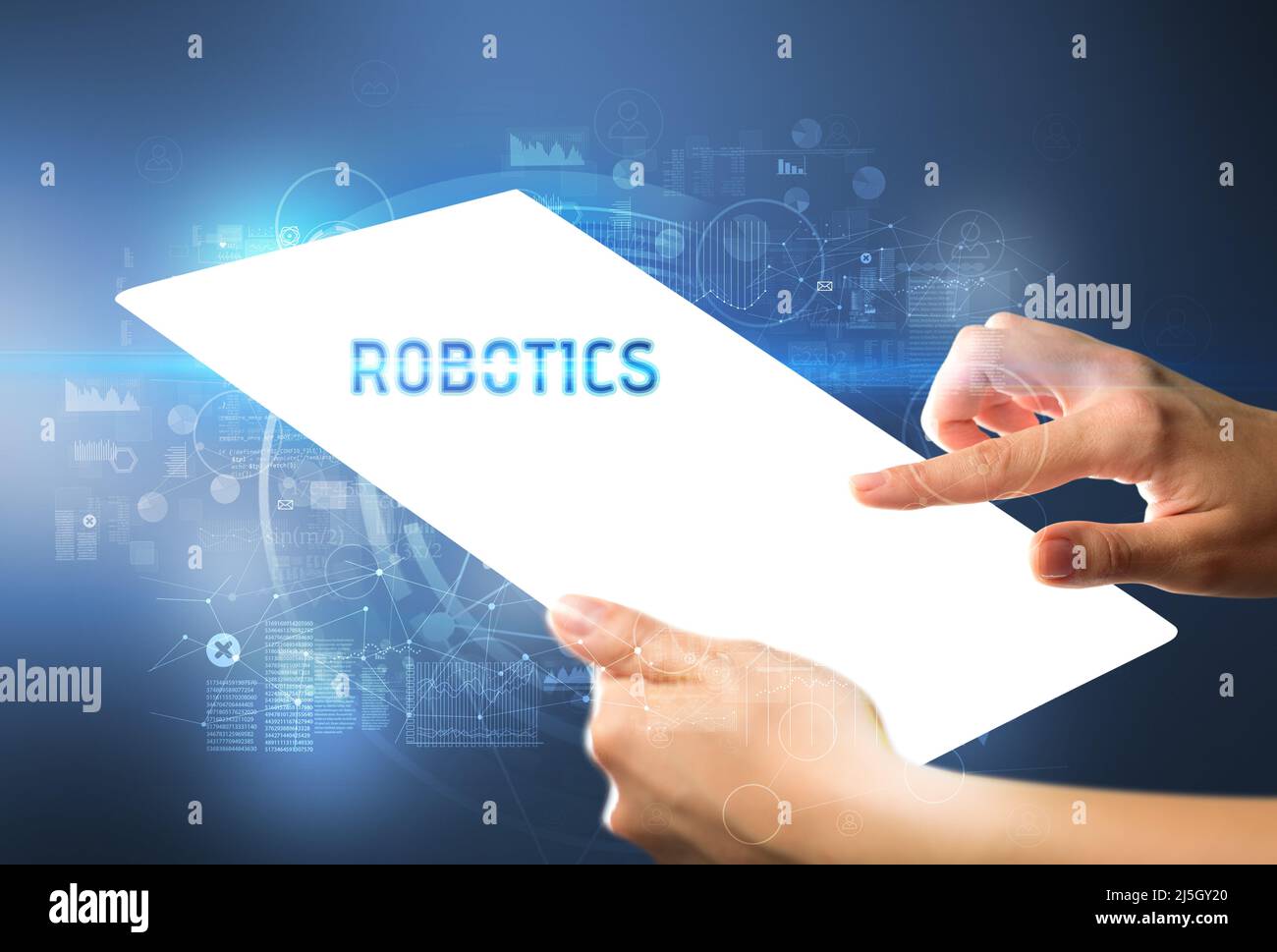 Hand holdig futuristic tablet , technology concept Stock Photo - Alamy