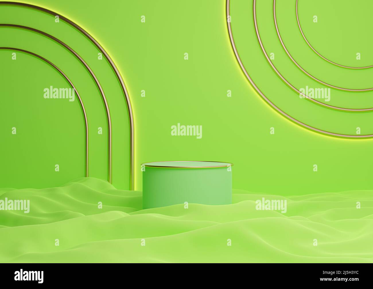 Bright, neon green 3D rendering luxurious product display cylinder podium or stand with golden ...