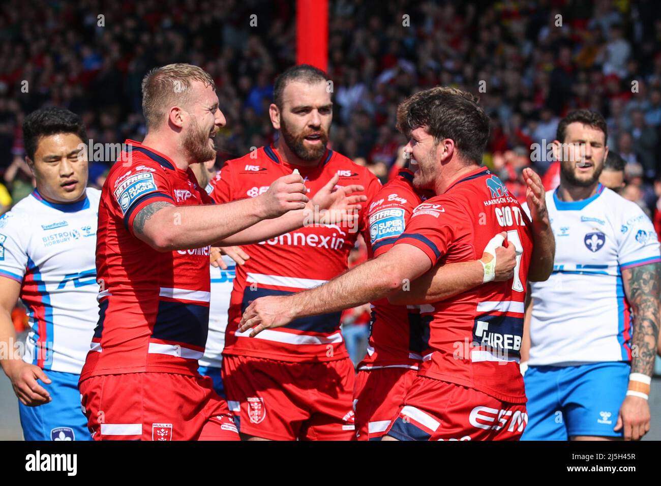 Lachlan Coote #1 of Hull KR celebrates his try Stock Photo - Alamy