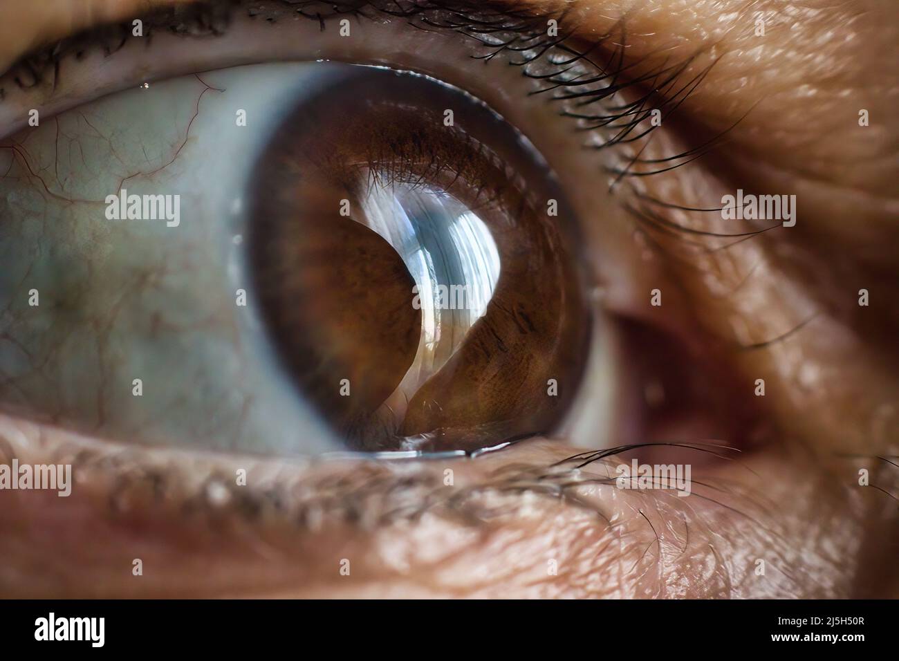 Extreme macro closeup of a human eye with a light brown shiny iris ...