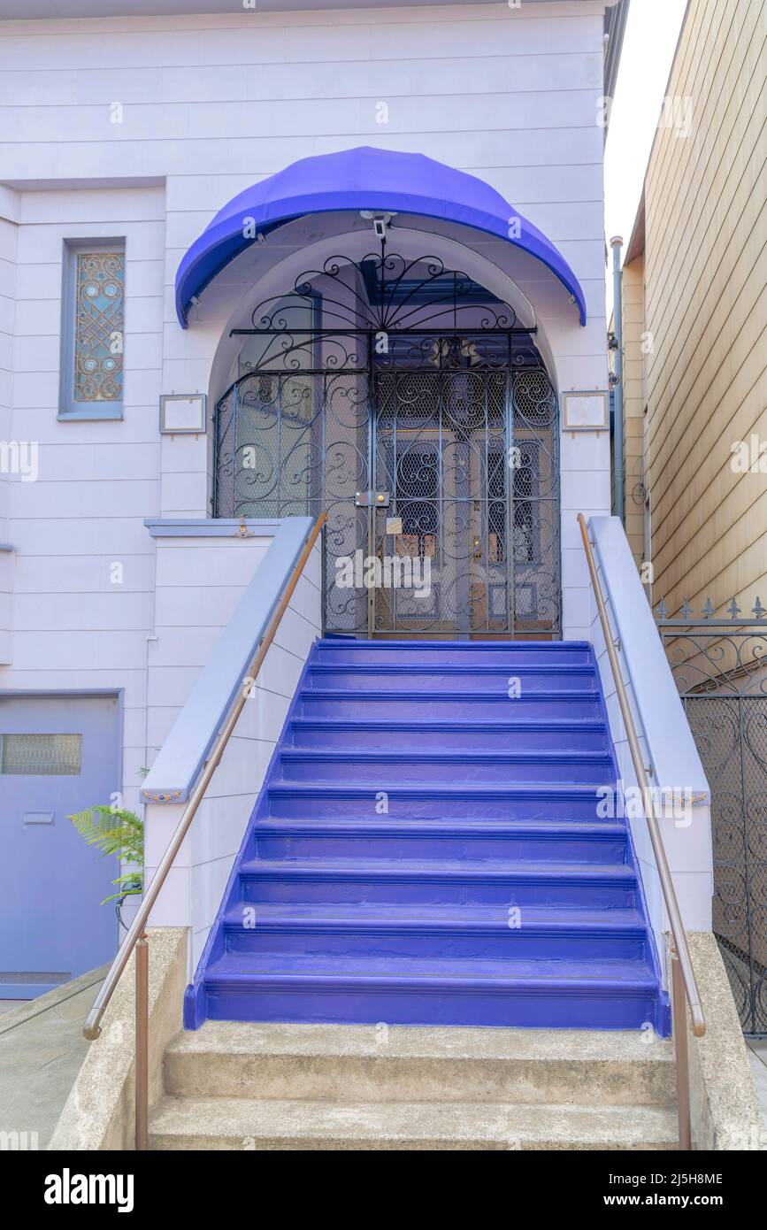 Home exterior with purple palettes at San Francisco, California. There ...