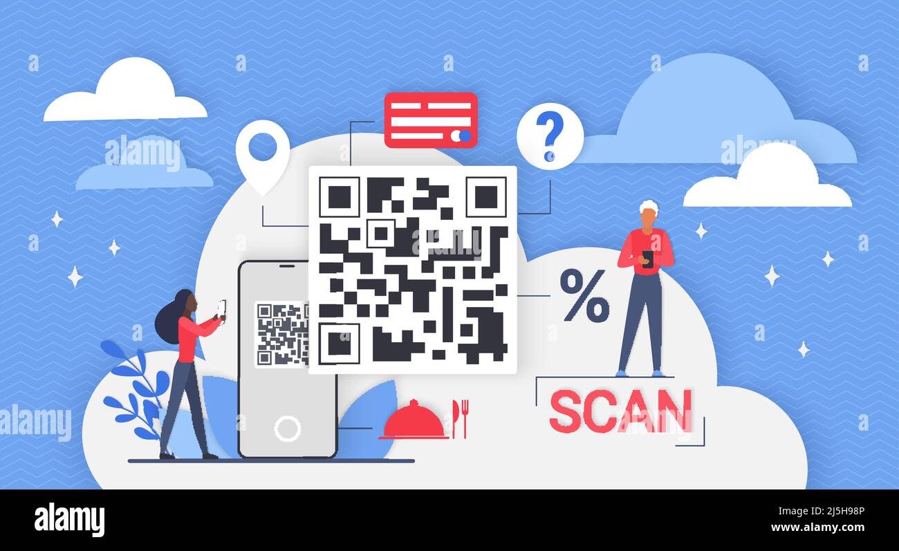 QR code, online money. Tiny people with mobile phones in hands scan ...