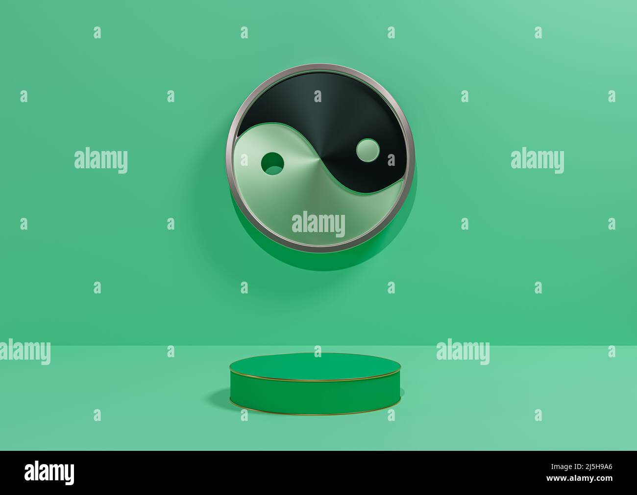 Bright turquoise green 3D rendering product display background simple, minimal with metallic Yin ...