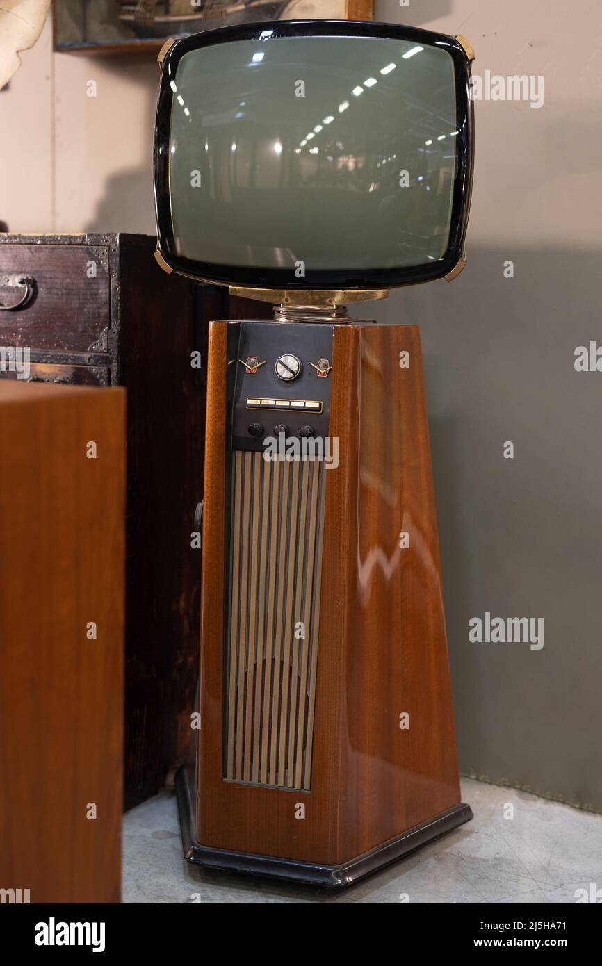 Antique Black and White TV set with Cathode Ray Tube with Wooden Column ...