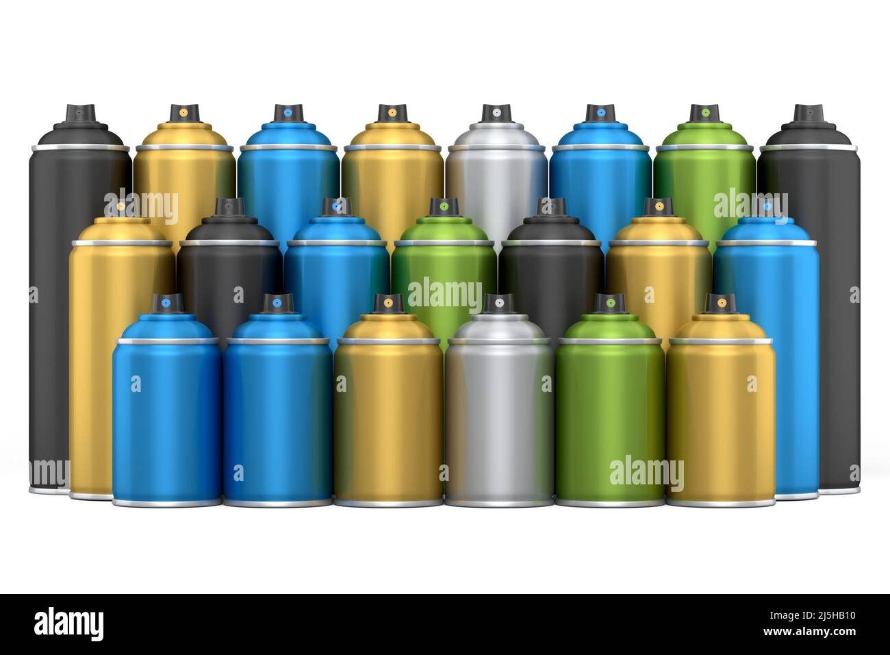 Set of colorful spray paint cans in row on white background. 3d render ...