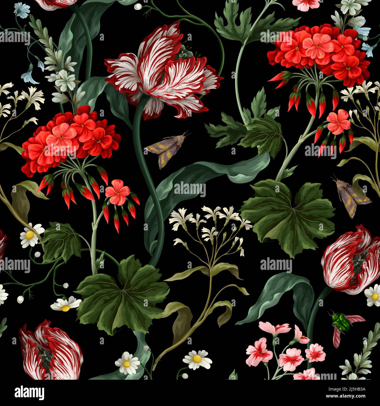 Seamless pattern with tulips, geraniums and bugs. Vector Stock Vector ...