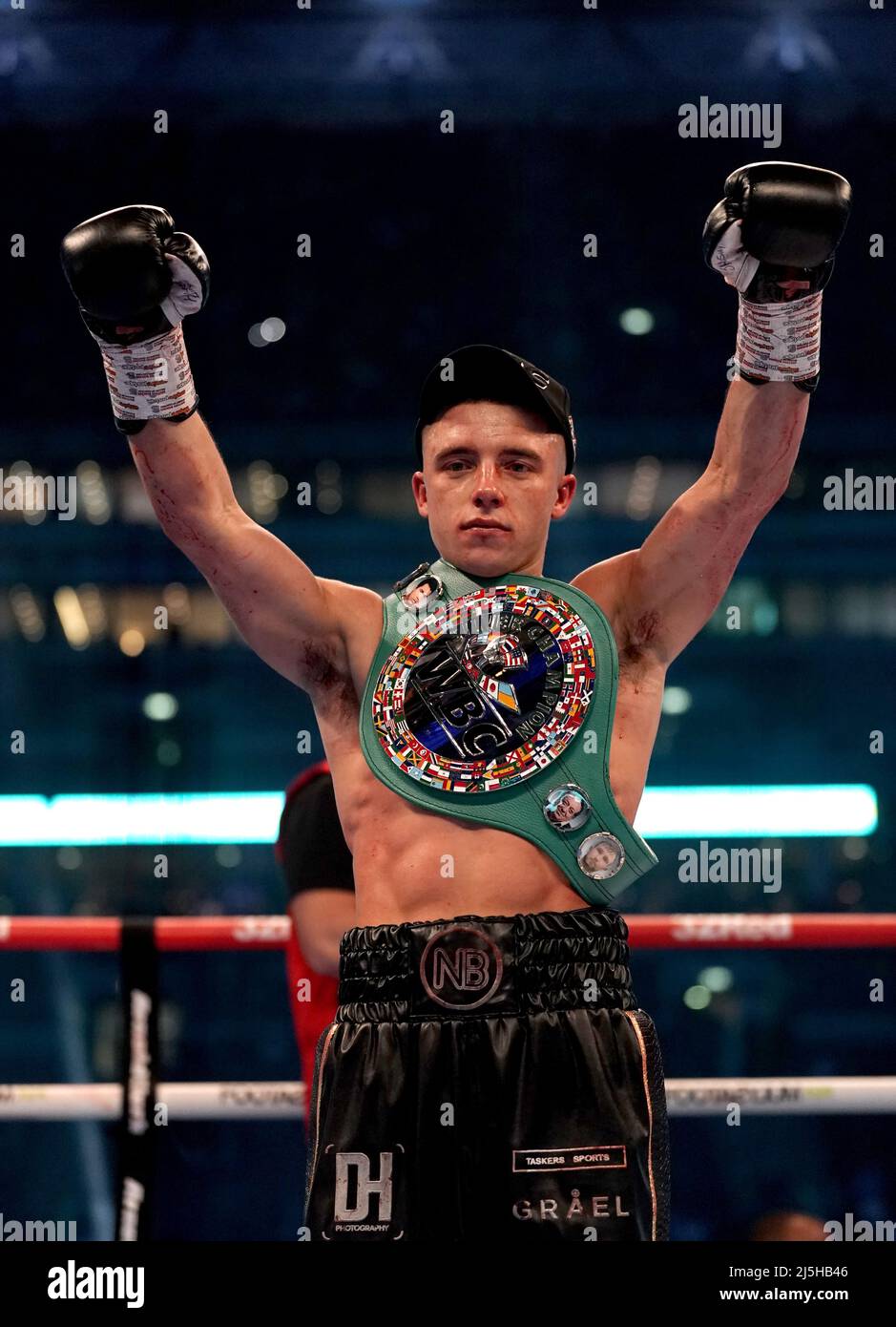 Nick Ball celebrates after winning the WBC Silver Featherweight Title ...