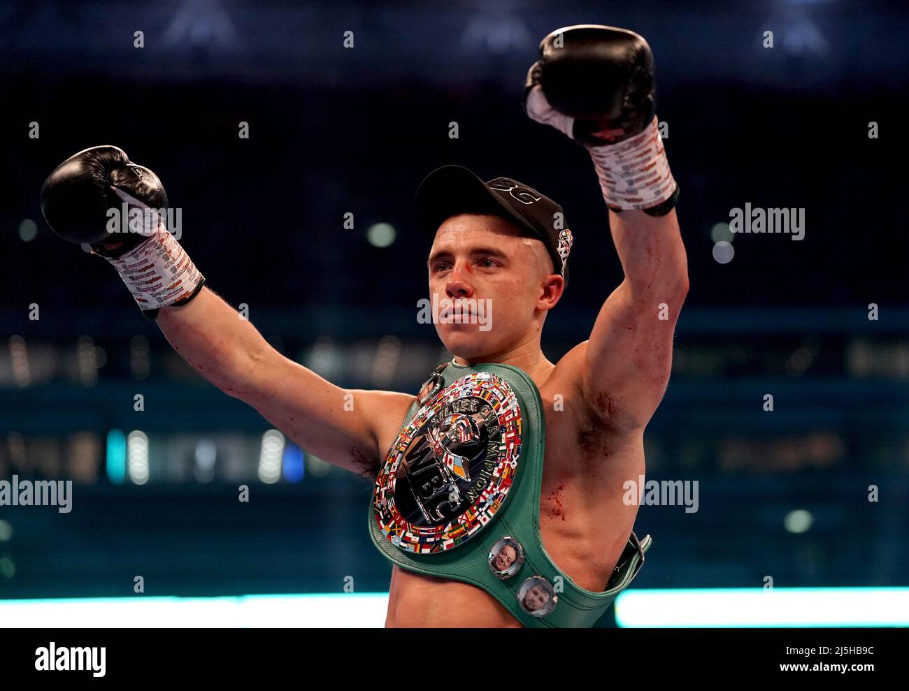 Nick Ball celebrates after winning the WBC Silver Featherweight Title ...