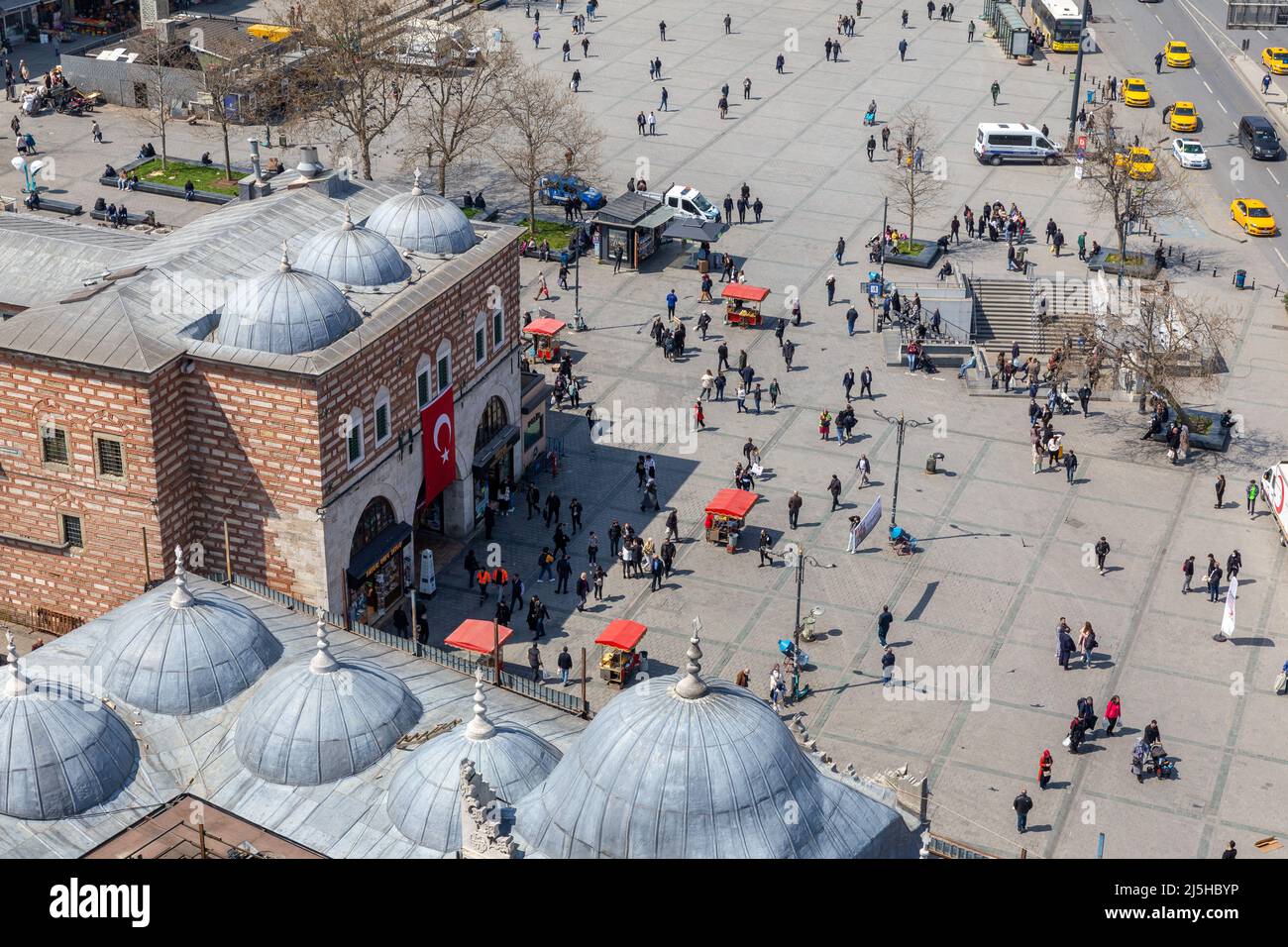 High angle aerial view of people and city architecture views around the ...