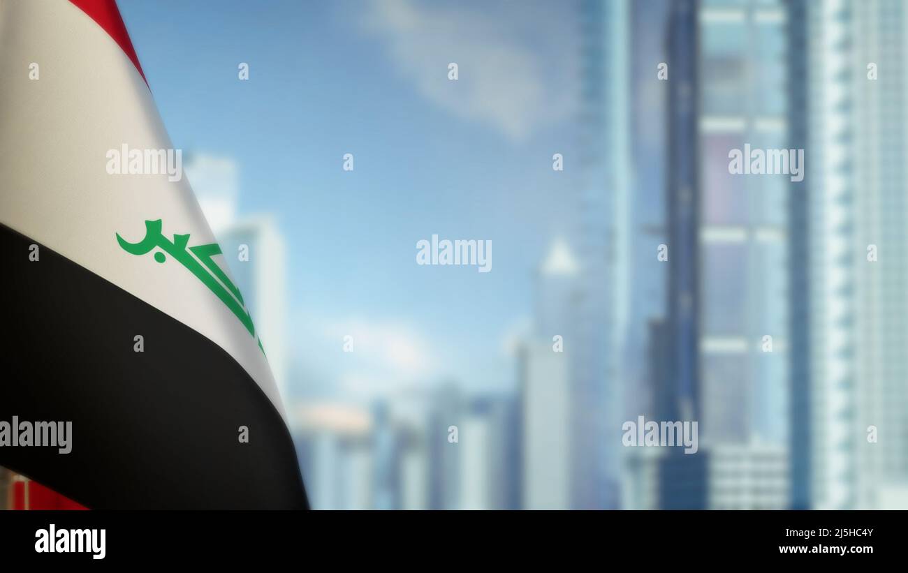 flag of Iraq on modern city architecture bokeh bg for national holiday ...