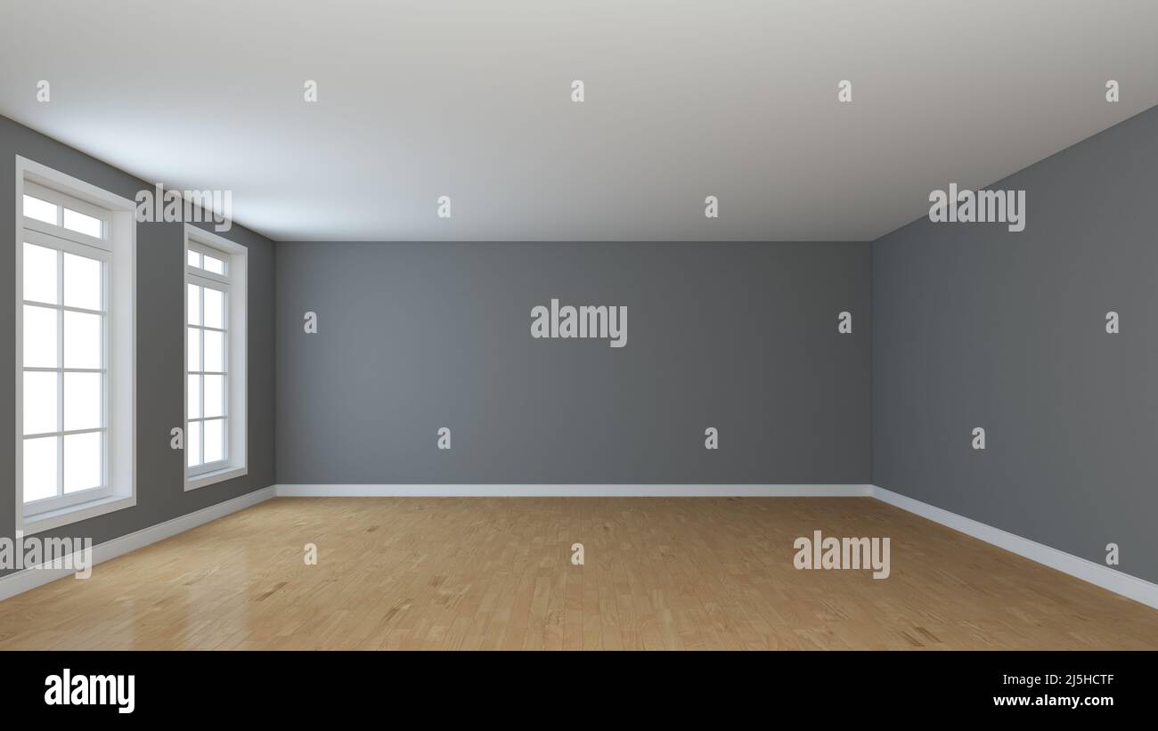 Beautiful Empty Interior with Two Windows, Light Parquet, Grey Walls ...