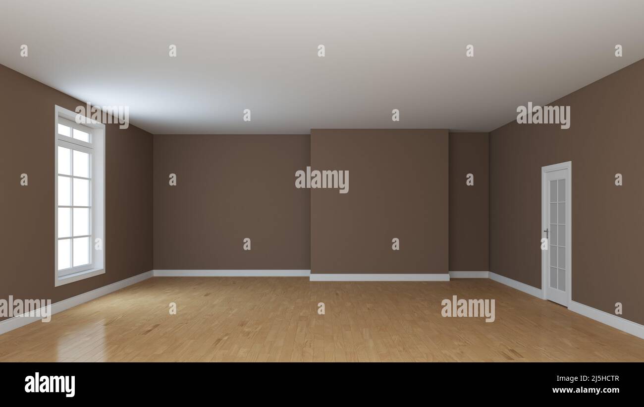 Empty Room with Dark Brown Walls, Light Parquet Floor, White Plinth ...