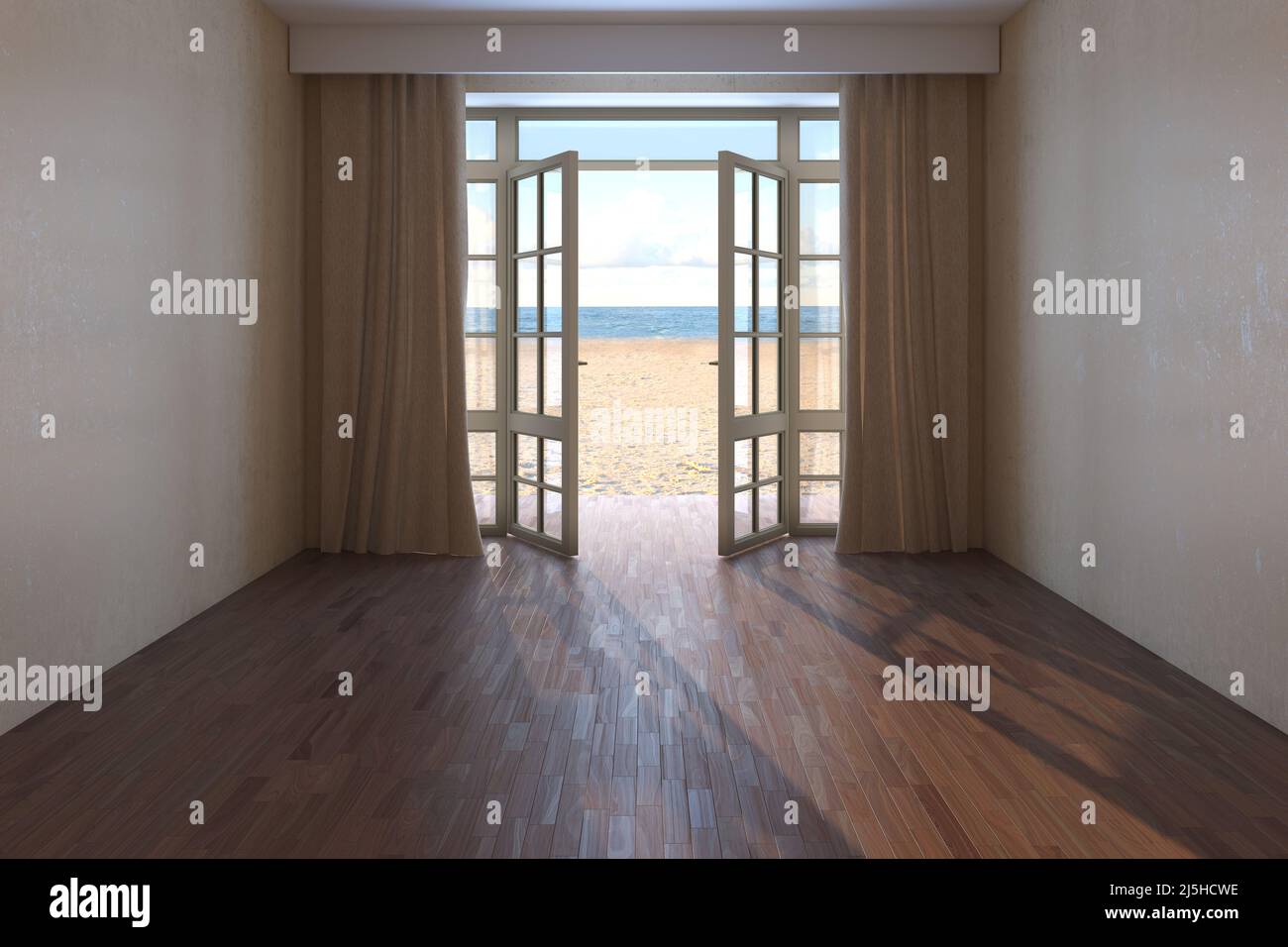Empty Hotel Room with Sea View. Interior with Beige Curtains, Open Door ...