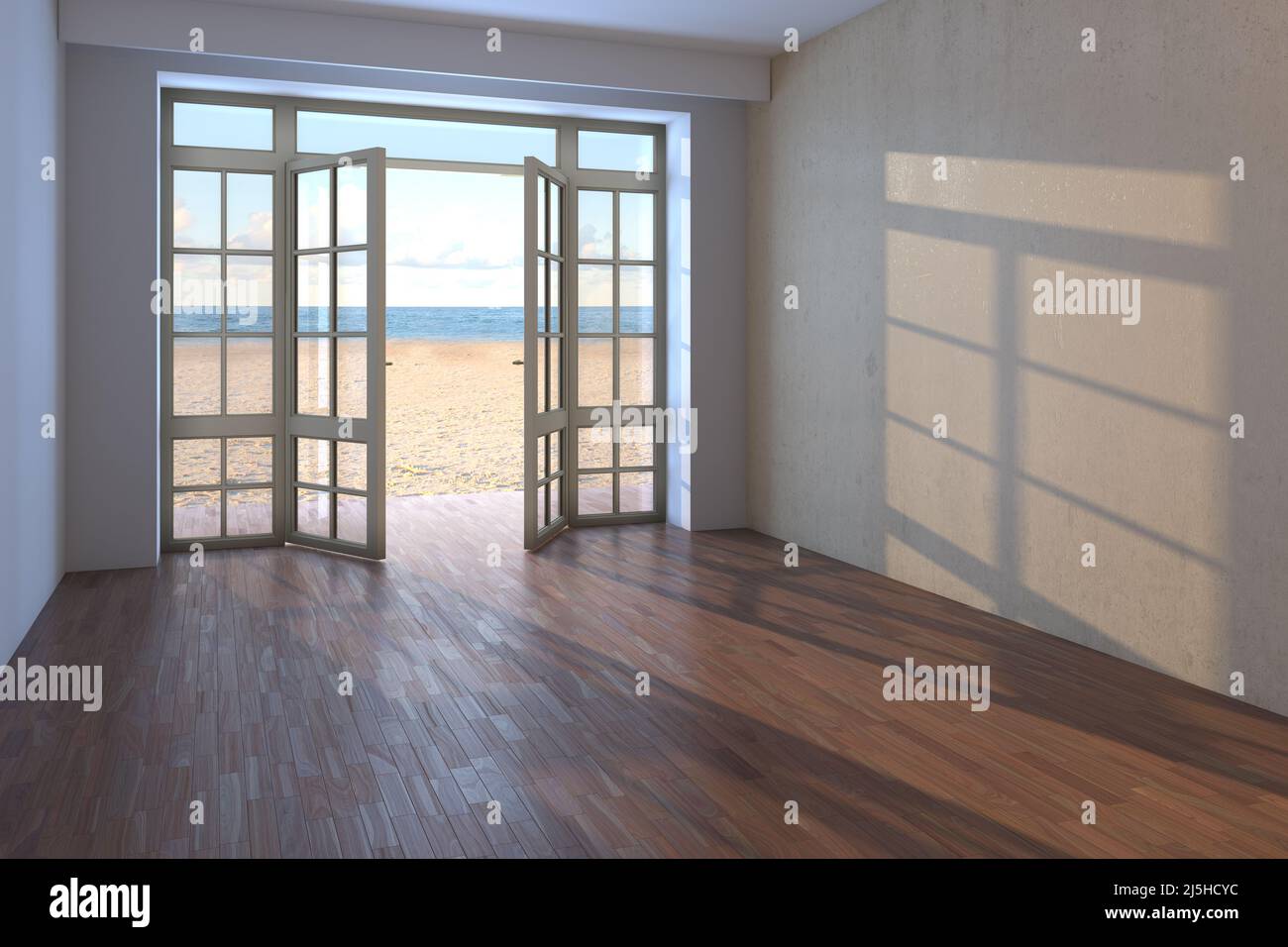 Empty Interior with Sea View. Unfurnished Hotel with Open Doors ...