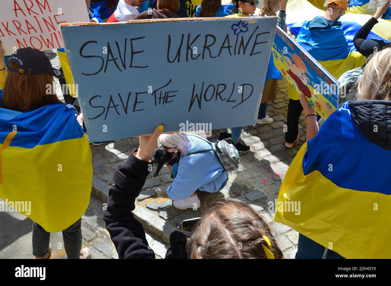A demonstator is seen holding a pro Ukraine sign at Bowling Green Park ...
