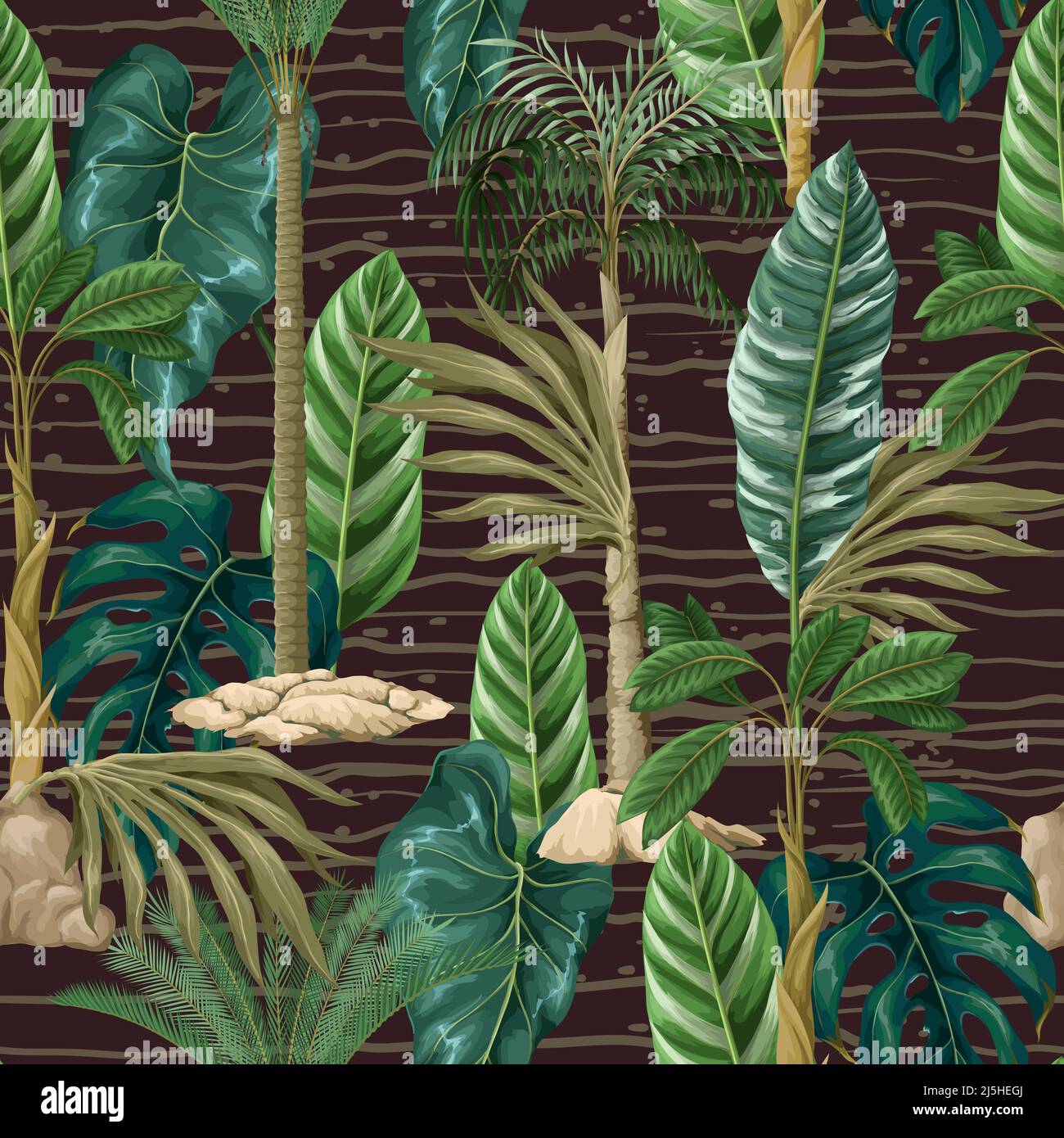 Textile seamless pattern with tropical leaves and trees. Vector Stock ...