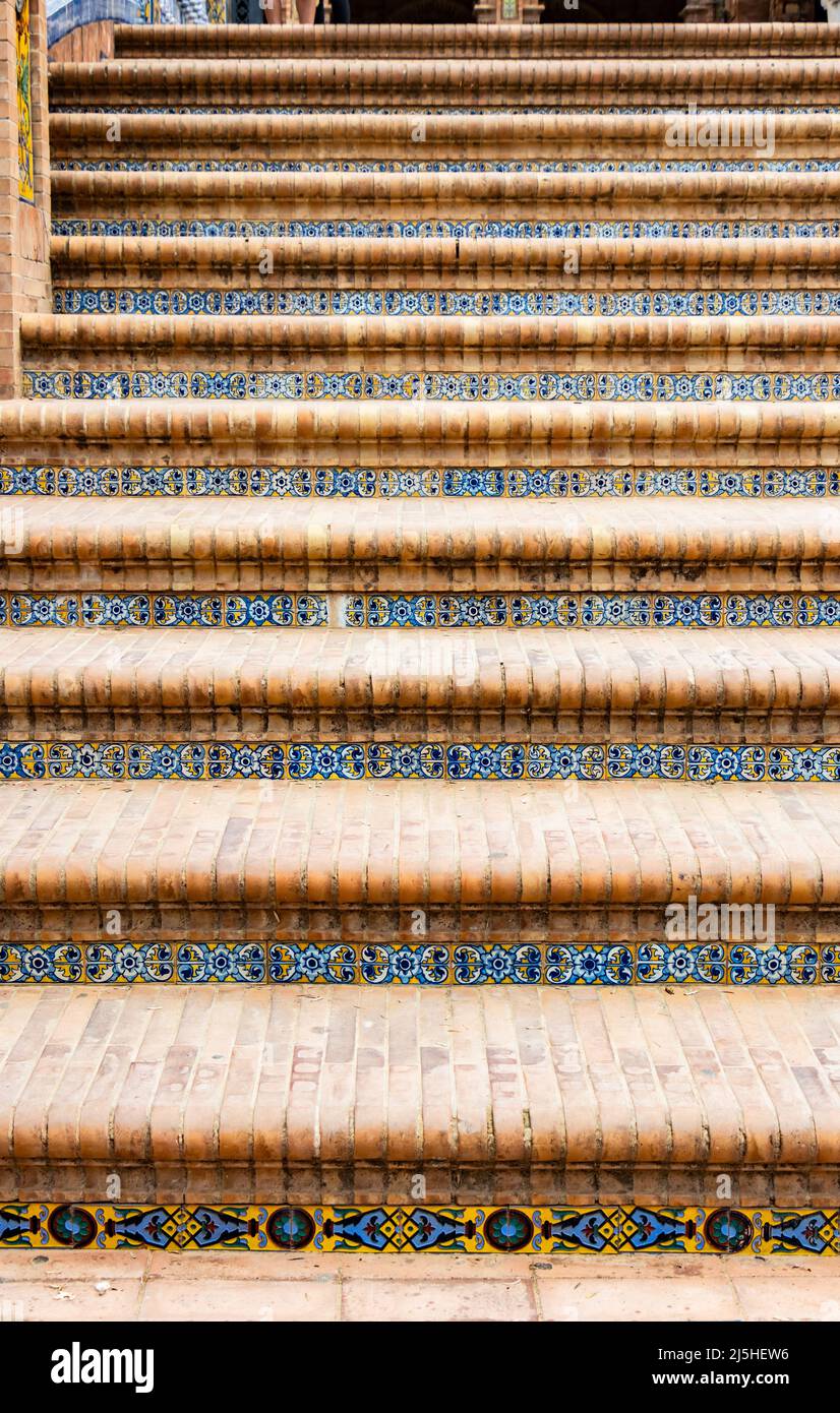 close up of decorative ceramic tiles on steps at the historic landmark ...