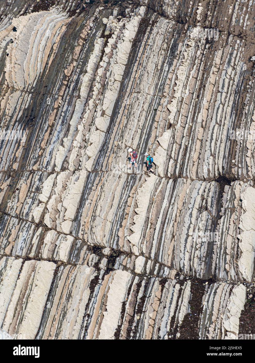 People walking on flysch rocks in the Sakoneta beach, near Zumaia ...