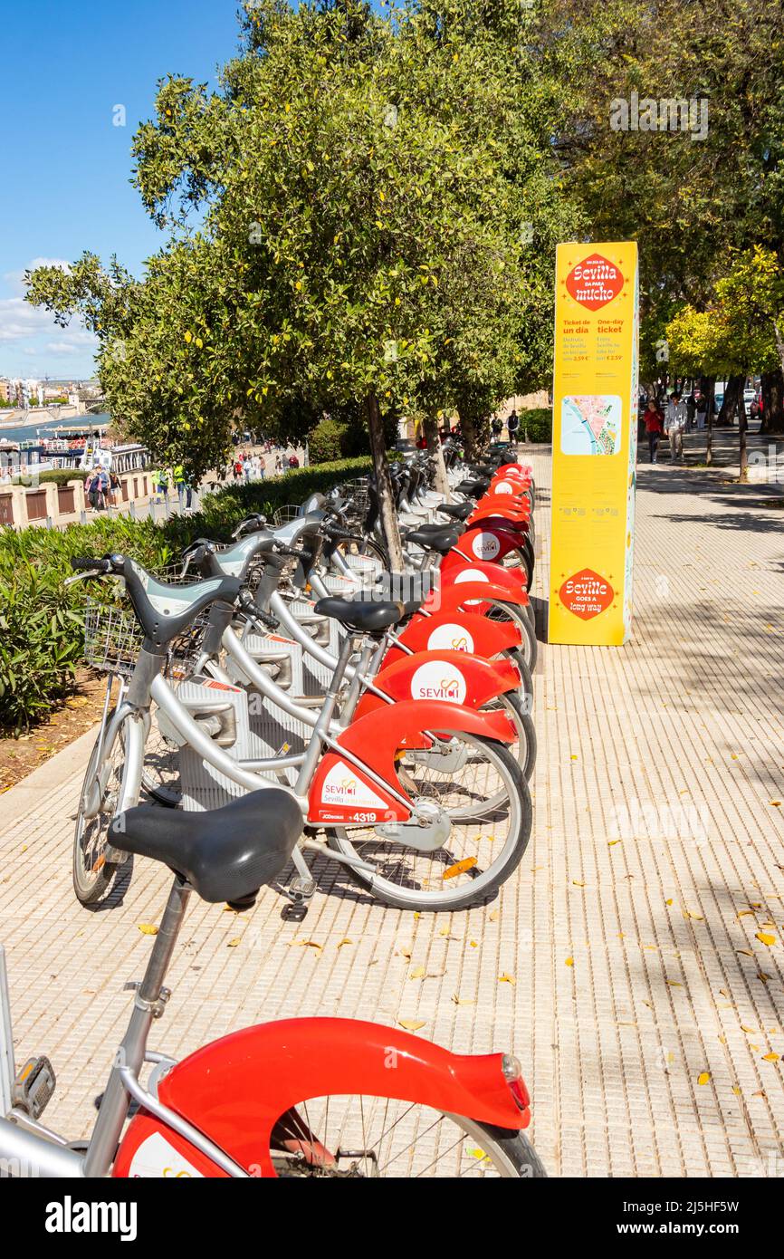row or line of electric Sevici ride sharing bicycles for hire and ...