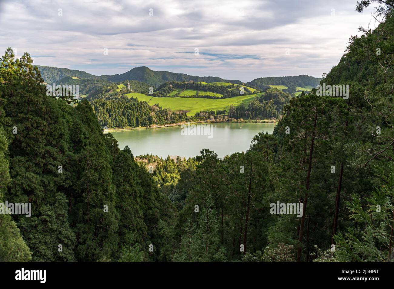 The crater lake Lagoa das Furnas in the homonym volcanic caldera in Sao ...