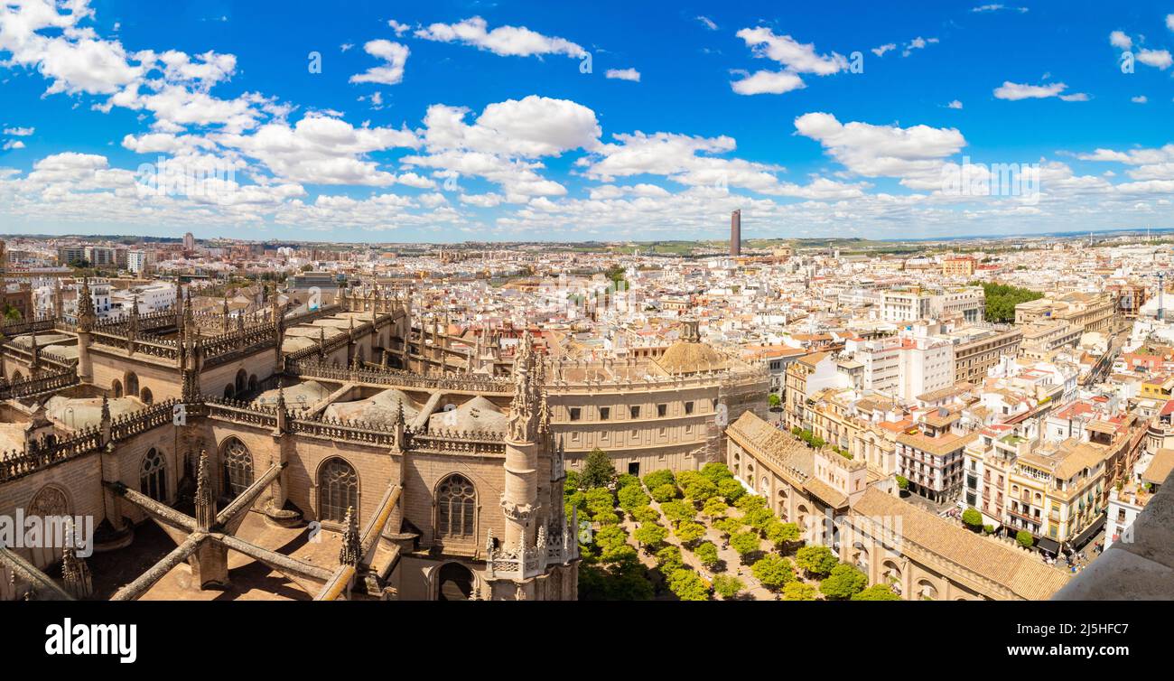 wide angle panorama view of the City of Seville photographed from above ...