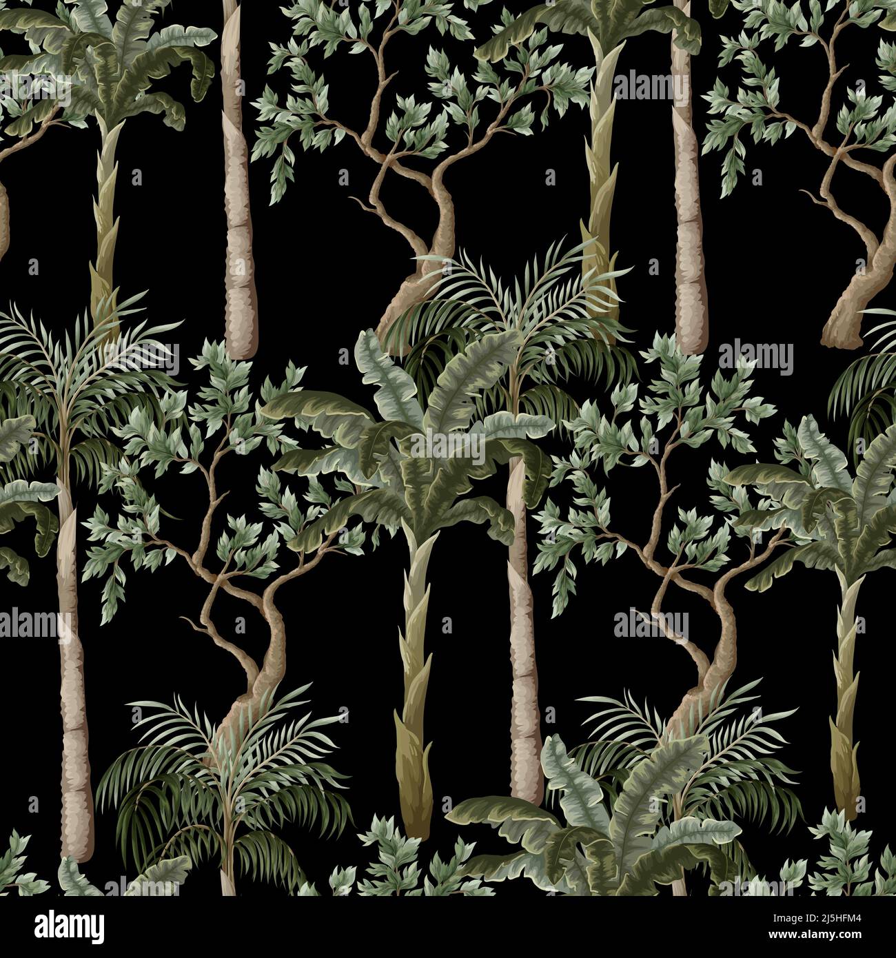 Seamless pattern with vintage trees and palms, plants. Vector Stock ...