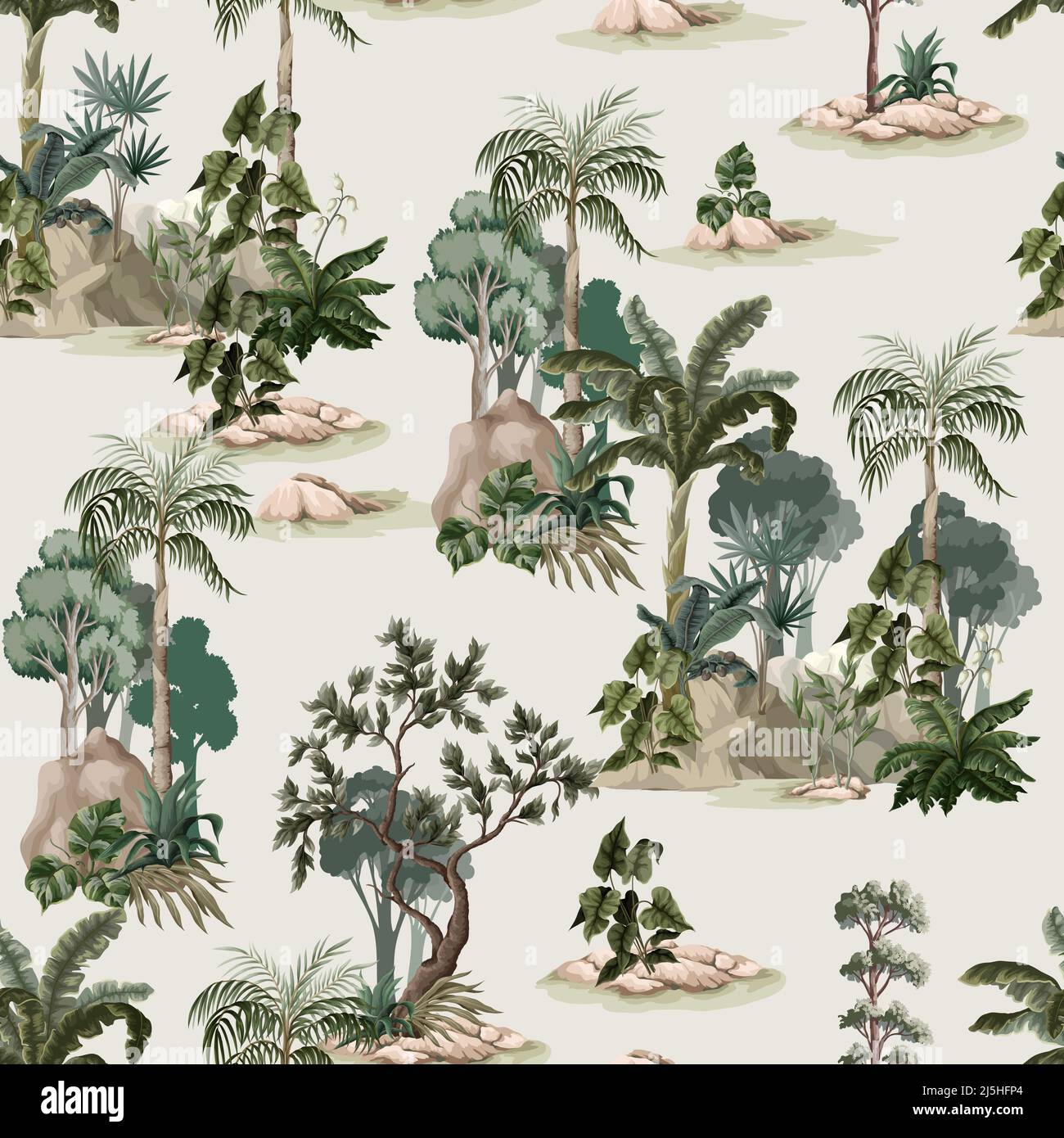 Seamless pattern with vintage trees and palms, plants. Vector Stock ...