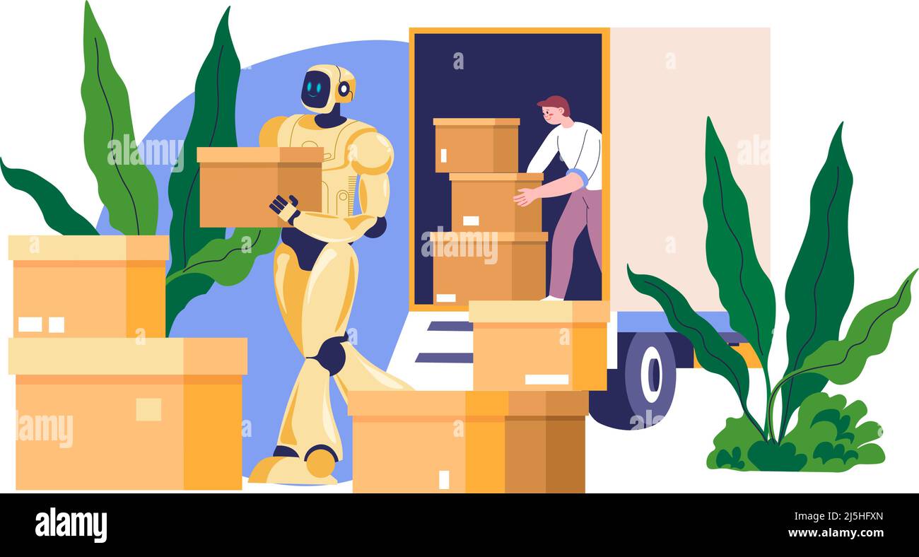 Robot helping to move boxes, futuristic assistant Stock Vector Image ...