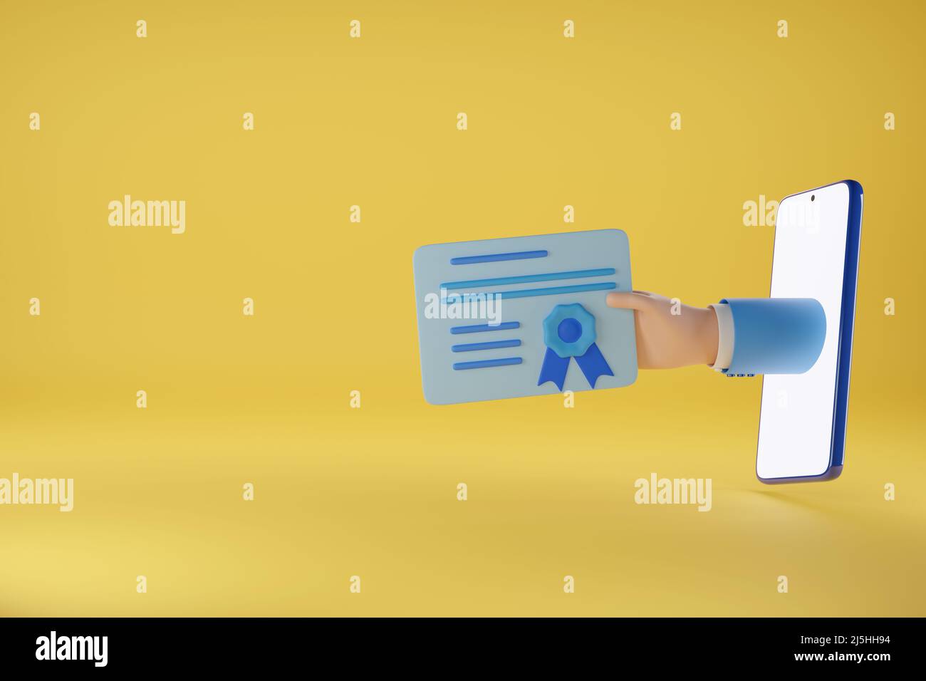 Cartoon hand holding a diploma coming out of a mobile phone screen. 3d ...