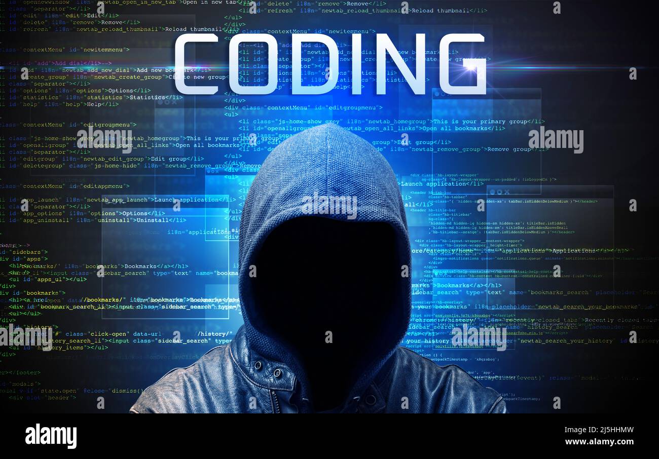 Faceless hacker on code background Stock Photo - Alamy