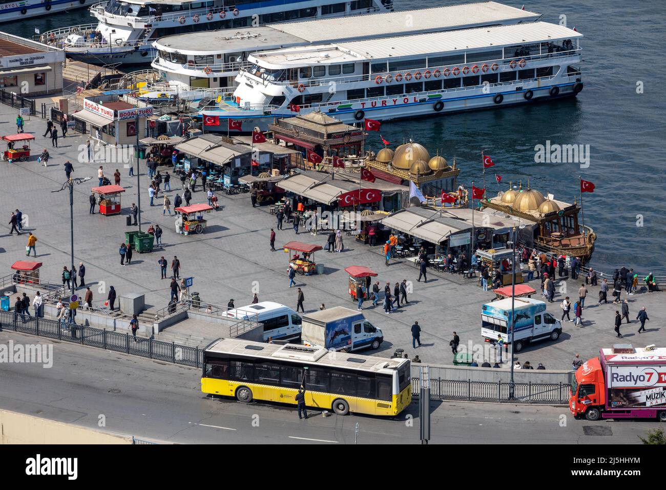 High angle aerial zoomed view of Eminonu municipal bus stop on the ...