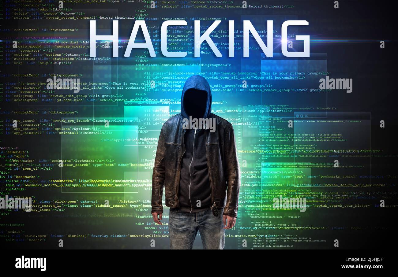 Faceless hacker on code background Stock Photo - Alamy