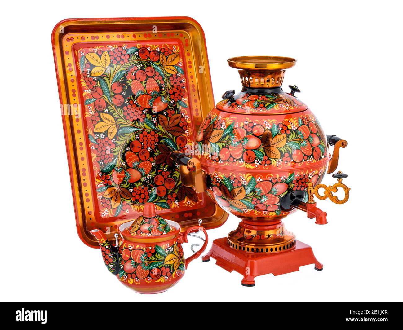 Tea Set of Old Traditional Russian folk utensils. Dishes with handmade ...
