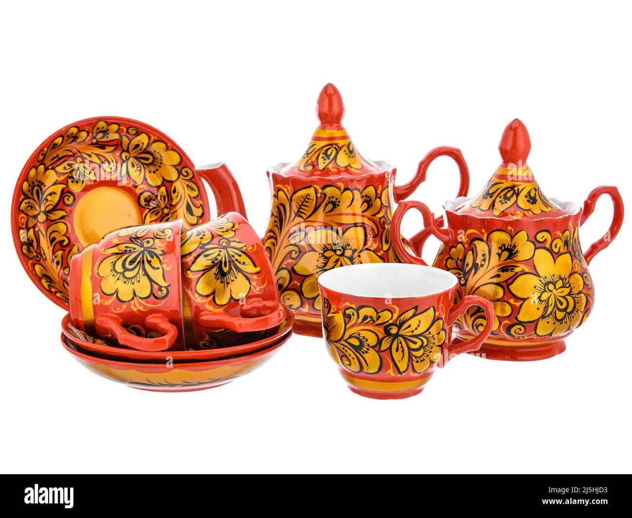 Tea Set of Old Traditional Russian folk utensils. Dishes with handmade ...