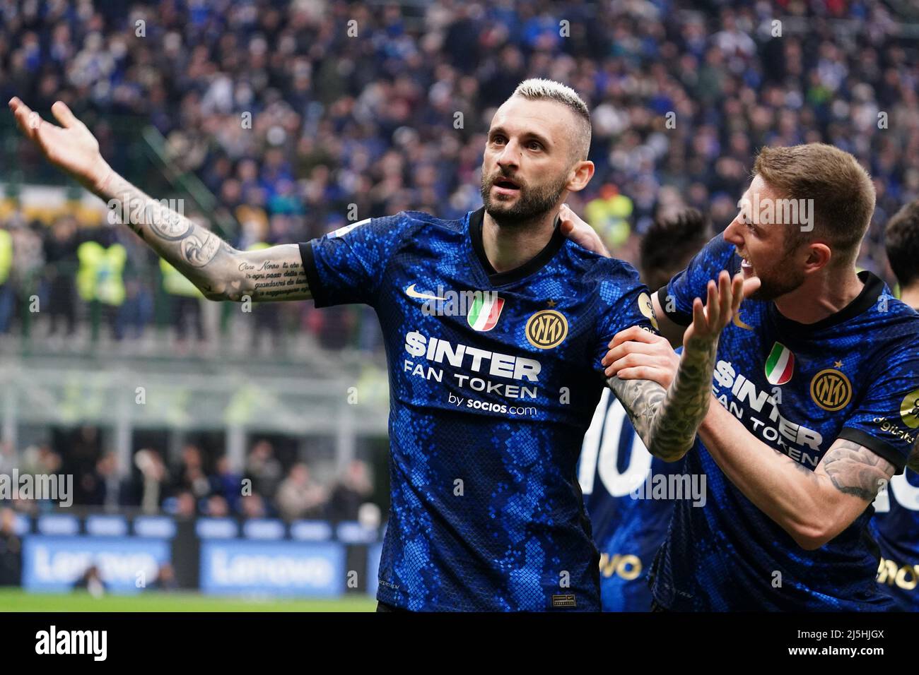 Milan, Italy. 23rd Apr, 2022. Marcelo Brozovic (FC Inter) celebrates ...